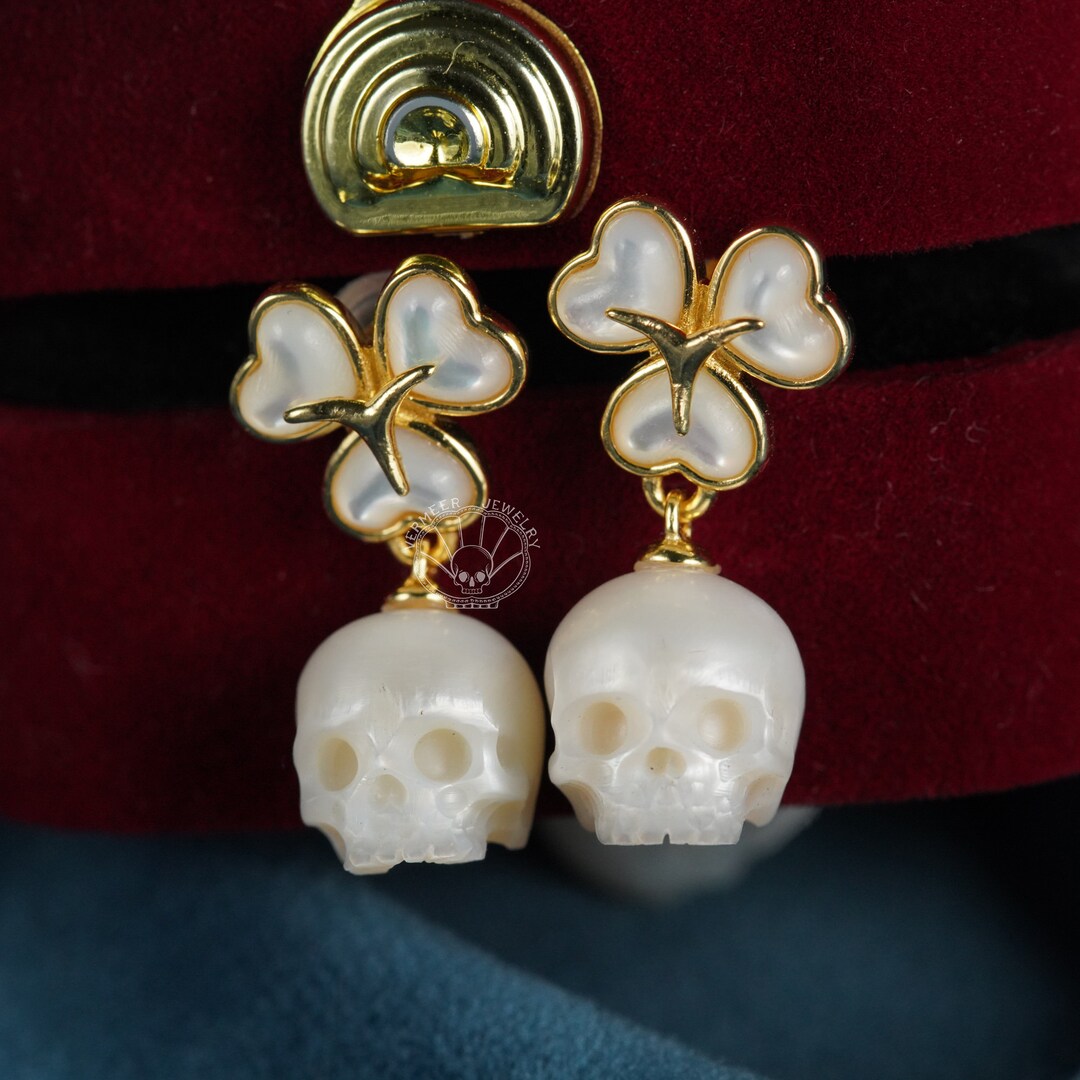 Hand Carved Pearl Skull Earrings: Sterling Silver Gothic Jewelry - Etsy