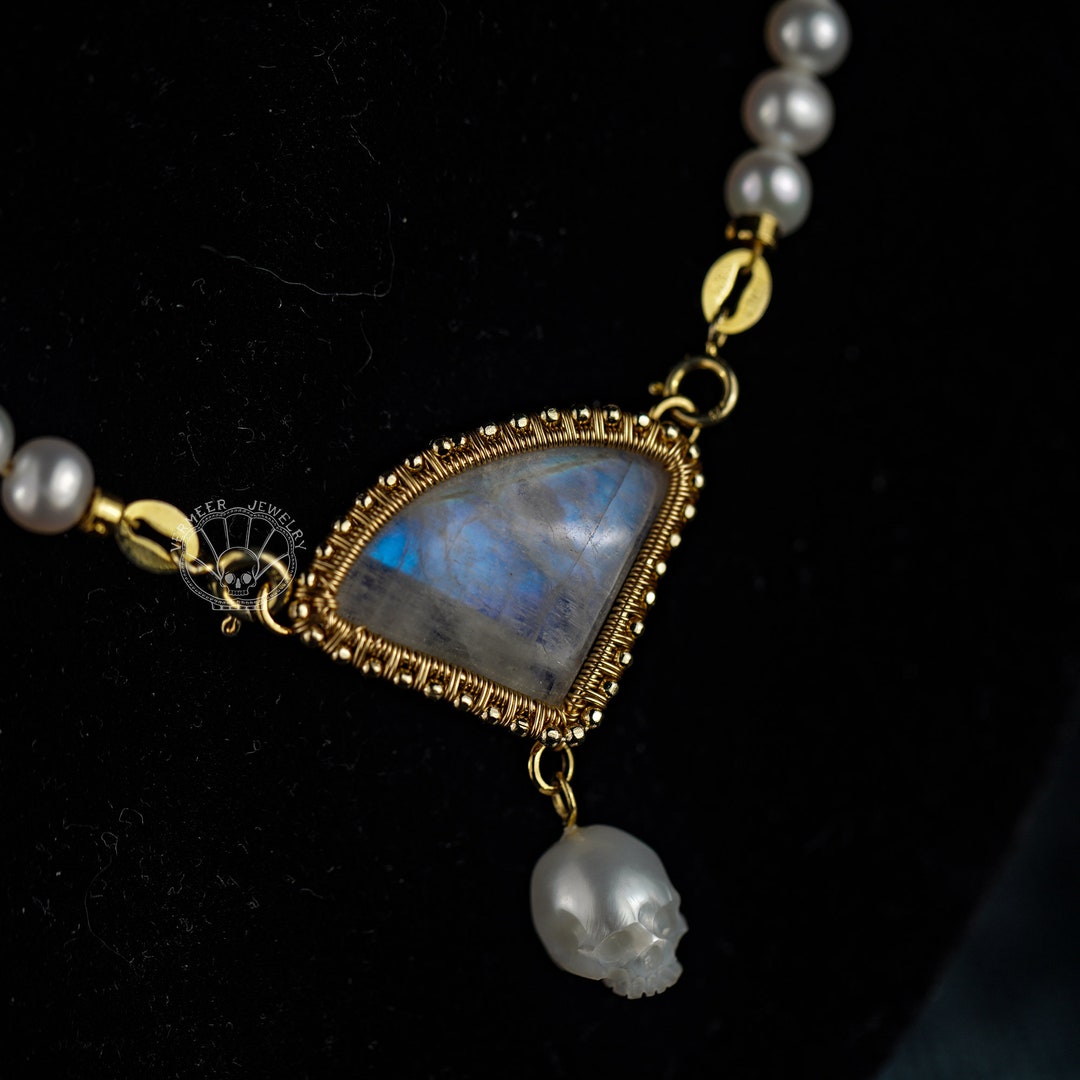 Skull Pearl Necklace Heart Shape Necklace-moonstone Necklace-spiritual ...