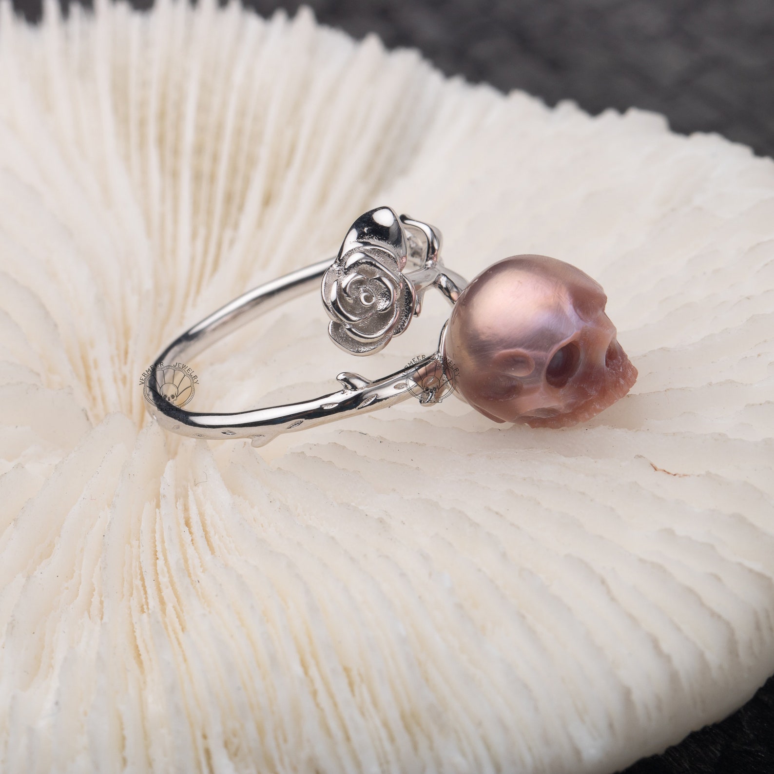 Rose Promise Ring Pearl Carved Skull Ring Freshwater Pearl - Etsy