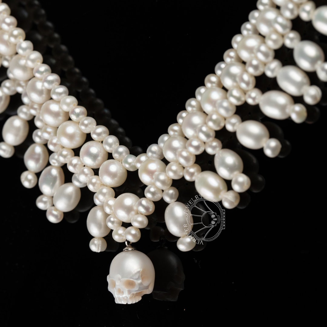 Skull Carved Pearl Necklace: Sterling Silver Memento Mori ...