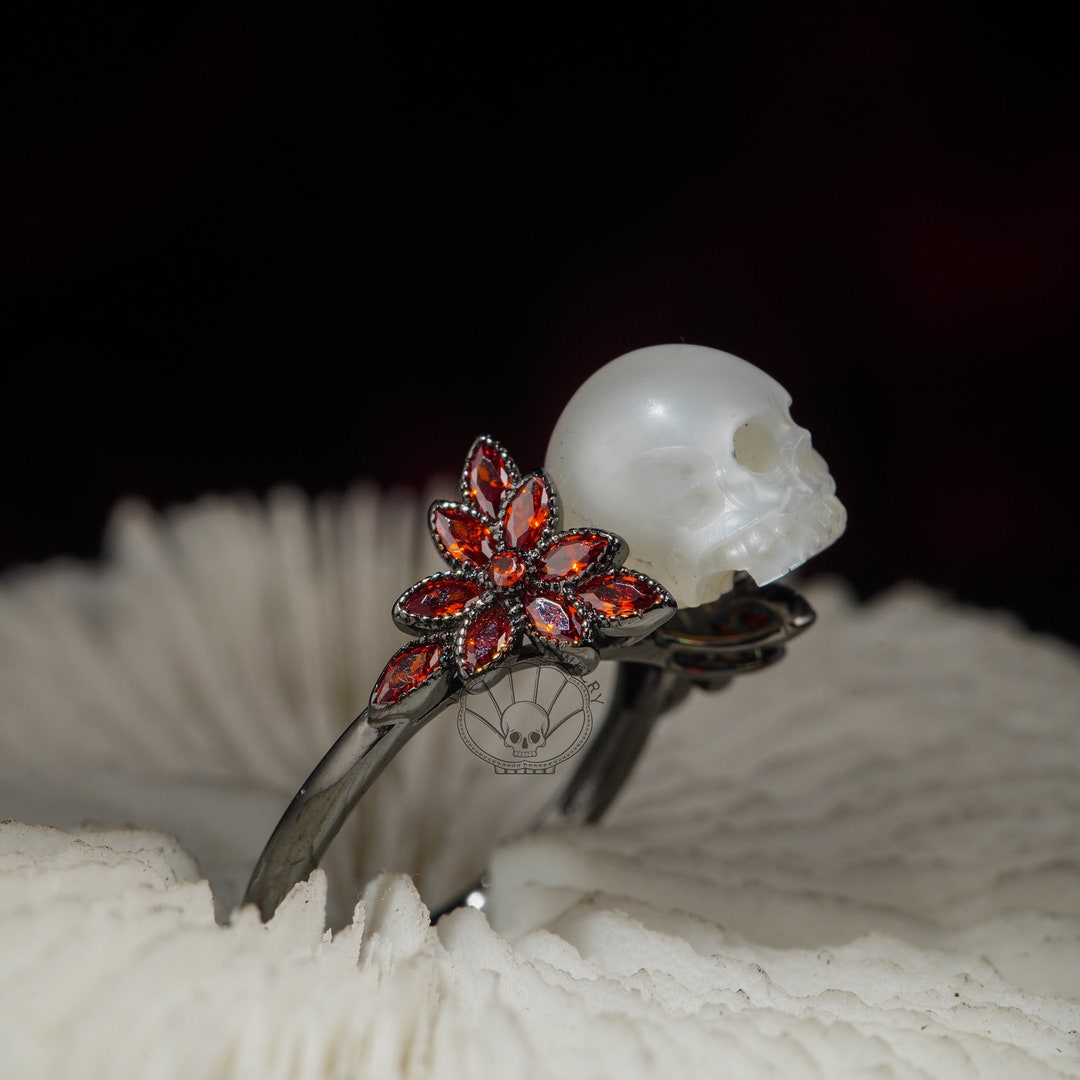 Skull Pearl Ring "red Tear" Balck Ring Natural Freshwater Pearl ...