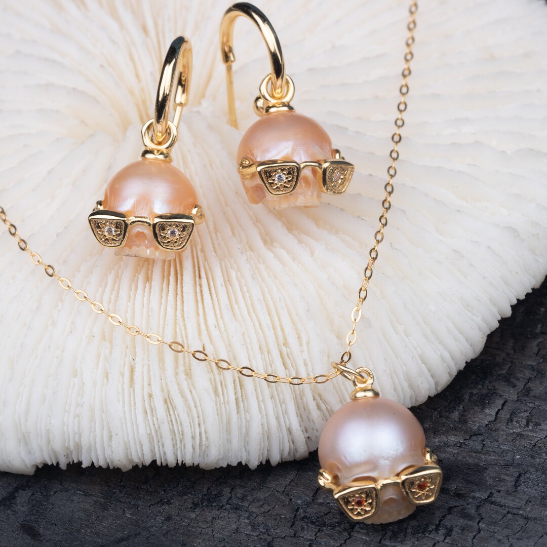 Skull Pearl Jewelry Set Hand Carve Freshwater Pearl Skull With ...