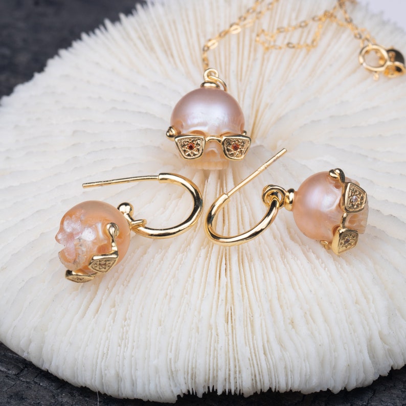 Skull Pearl Jewelry Set Hand Carve Freshwater Pearl Skull With ...