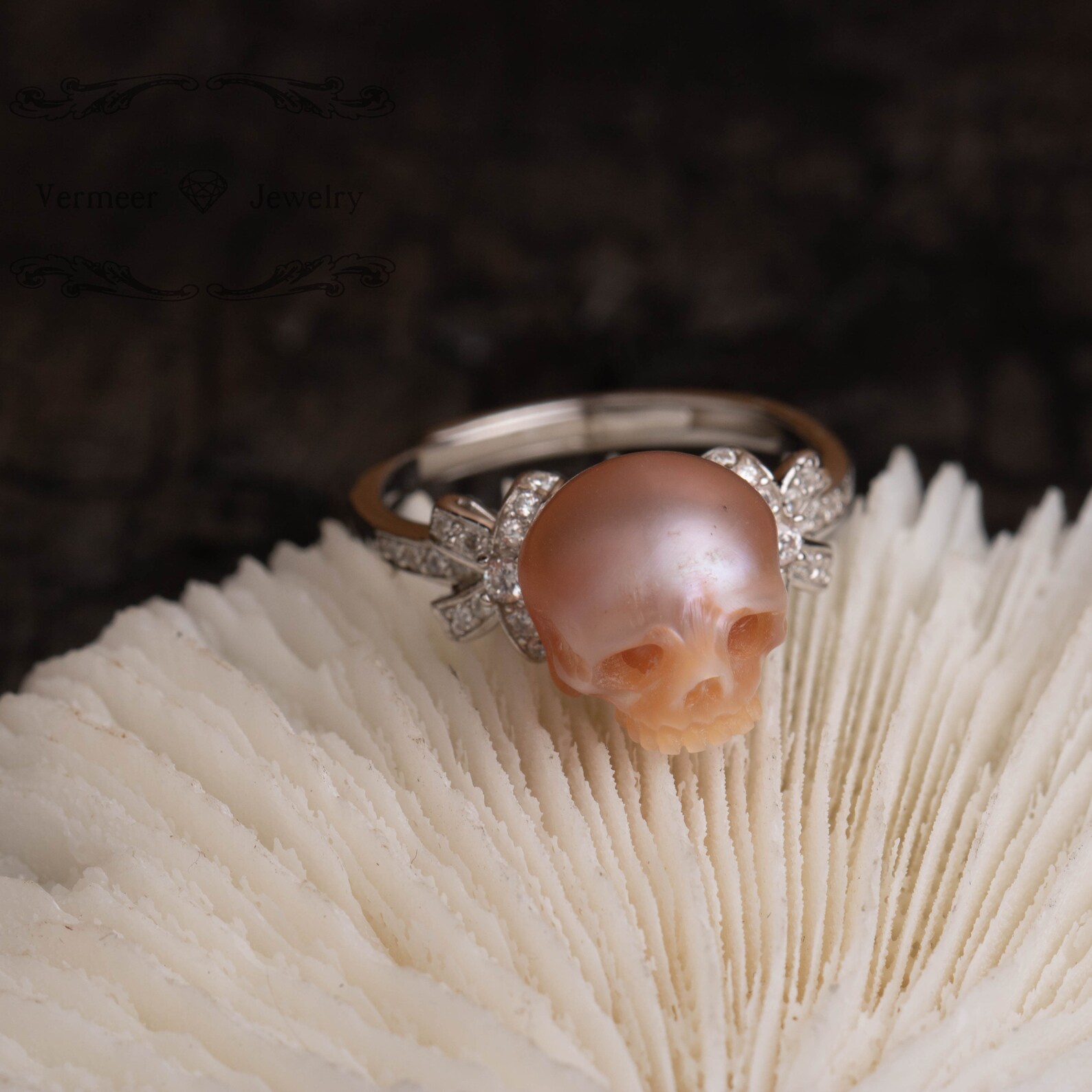 Handmade skull ring with zircon carved freshwater pearl | Etsy
