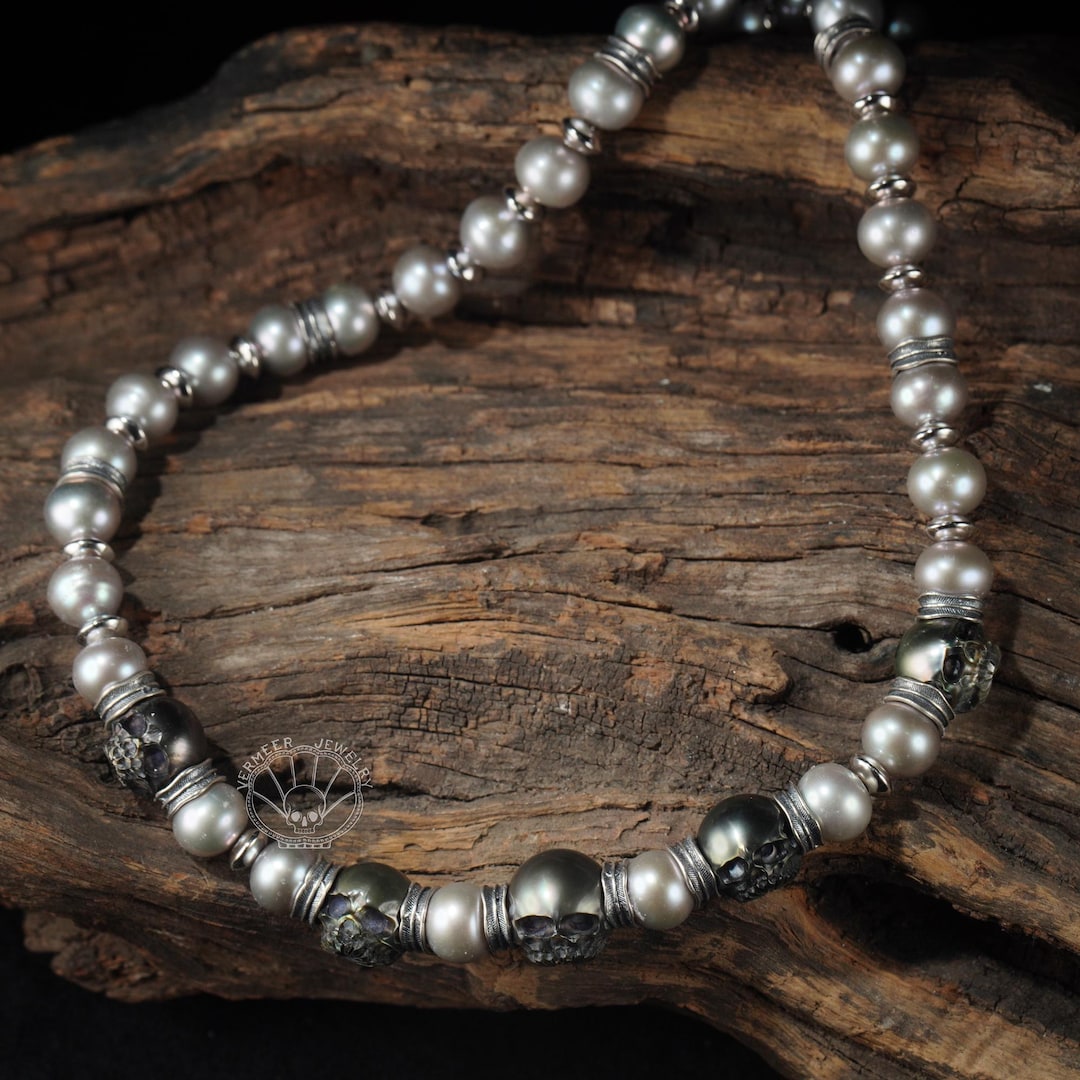 Black Skull Pearl Necklace Tahiti Skull Silver Necklace Silver Pearl ...