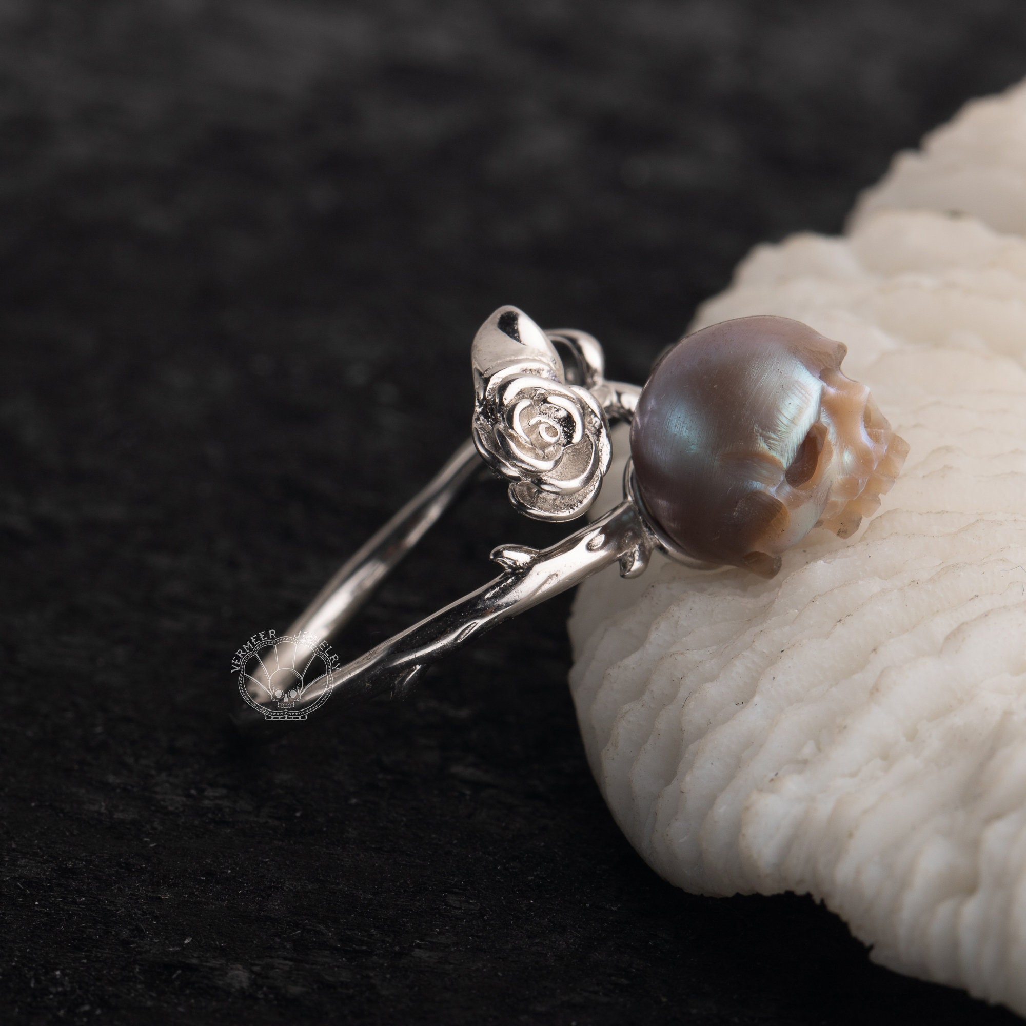 Rose Promise Ring Pearl Carved Skull Ring Freshwater Pearl - Etsy