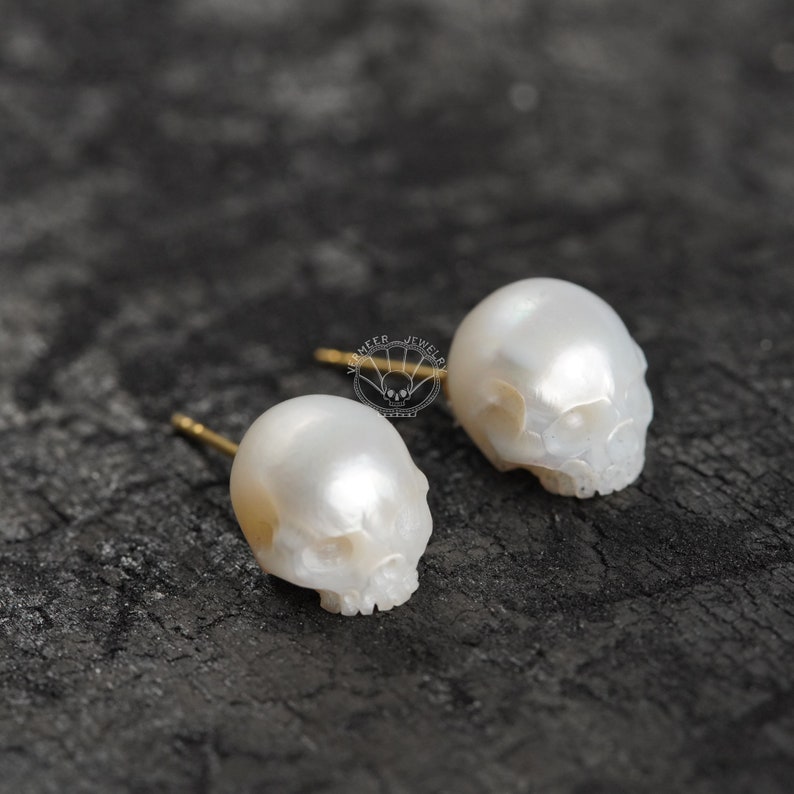 Skull Pearl Earring Stud Minimalist Style Handmade Jewelry for - Etsy