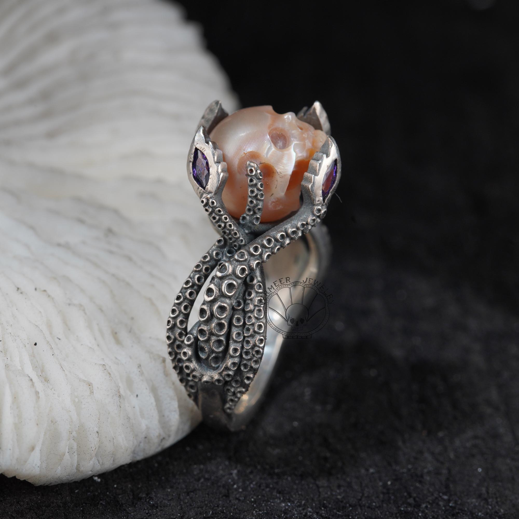 Pearl Skull Octopus Ring: Amethyst Sterling Silver Memento Mori - Etsy