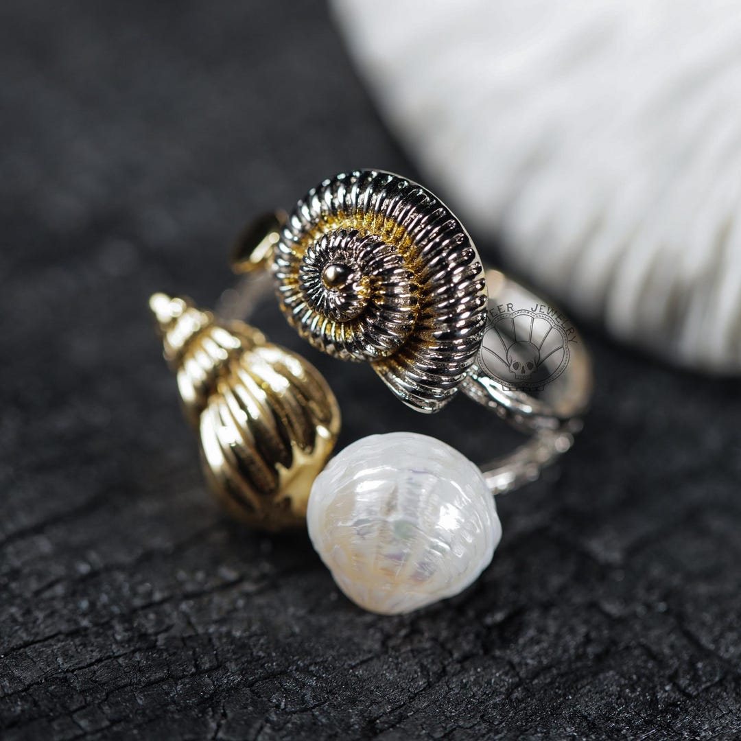 Hand Carved Pearl Snail Ring: Sterling Silver Adjustable Seashell ...