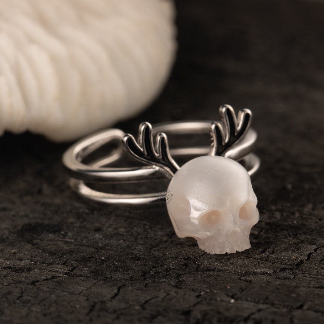Deer Horn Ring Handmade Skull Ring Carved Deer Horn Freshwater Pearl ...