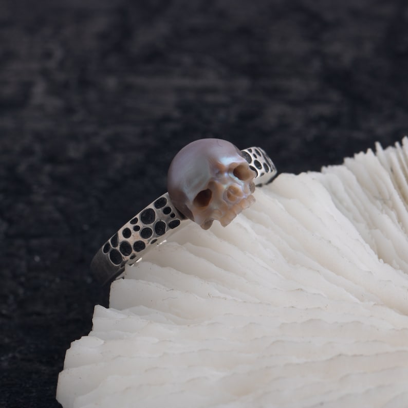 Skull Carved Pearl Ring Freshwater Pearl Natural Handmade 925 Silver ...