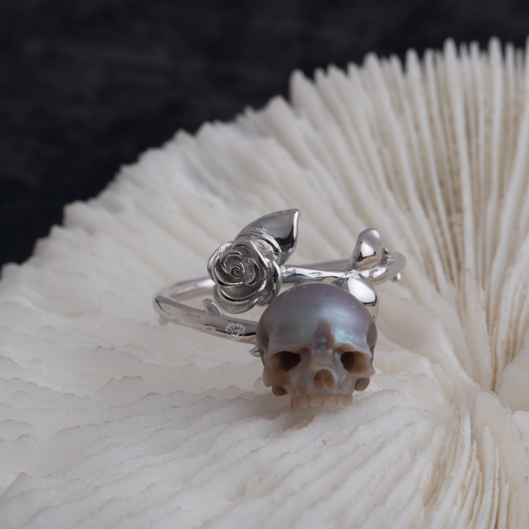 Rose Promise Ring Pearl Carved Skull Ring Freshwater Pearl 11-13mm ...