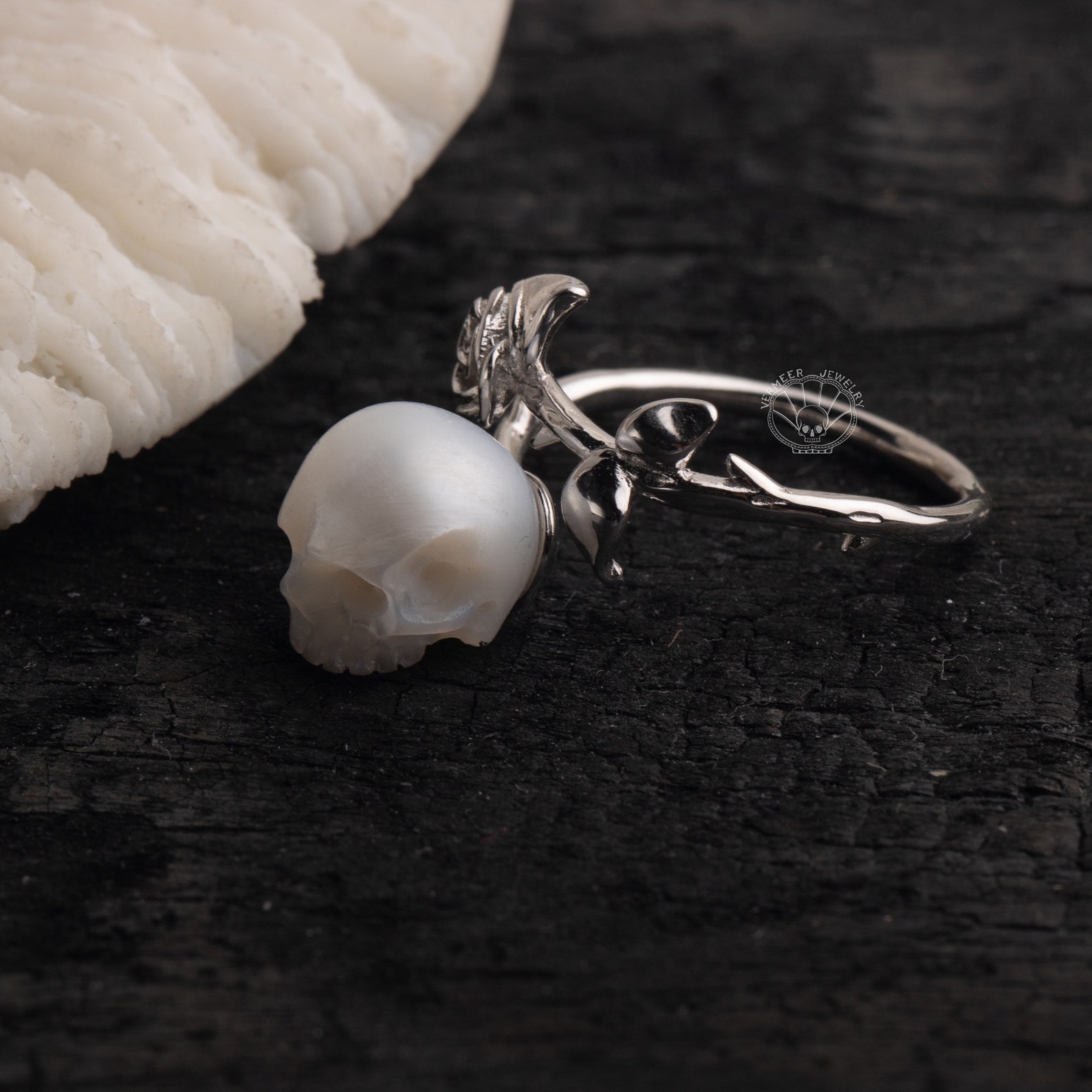 Rose Promise Ring Pearl Carved Skull Ring Freshwater Pearl - Etsy