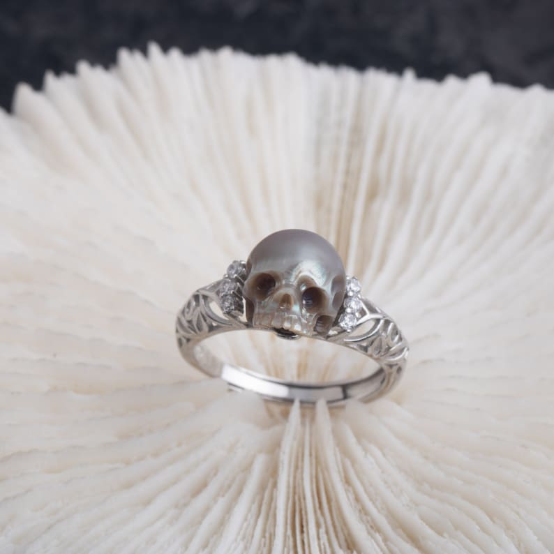 Handmade Skull Pearl Ring: 925 Silver Zircon Memento Mori Jewelry - Etsy