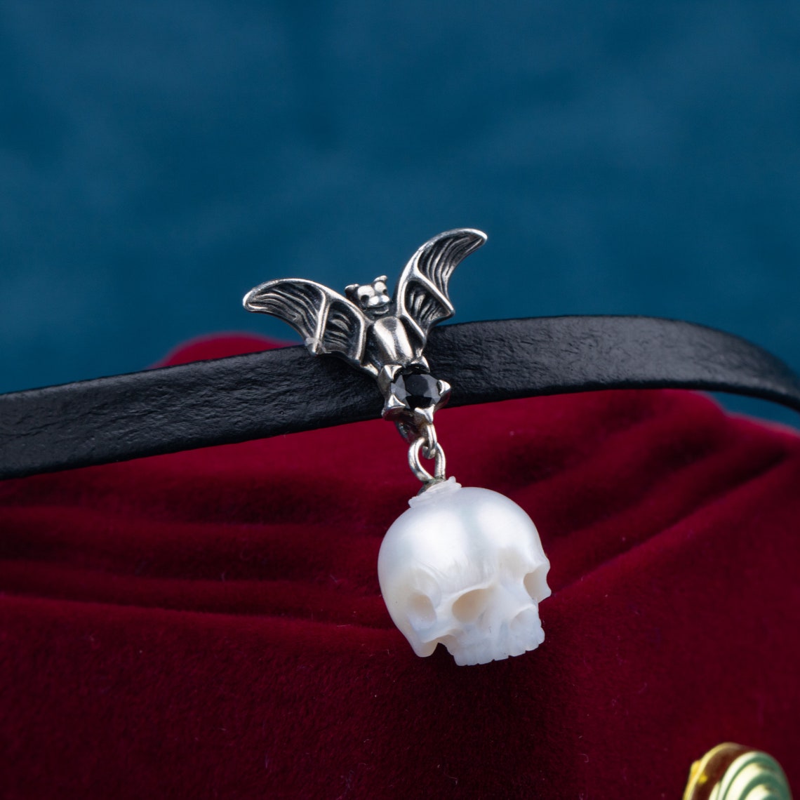 Skull carved pearl leather choker bat shape handmade | Etsy