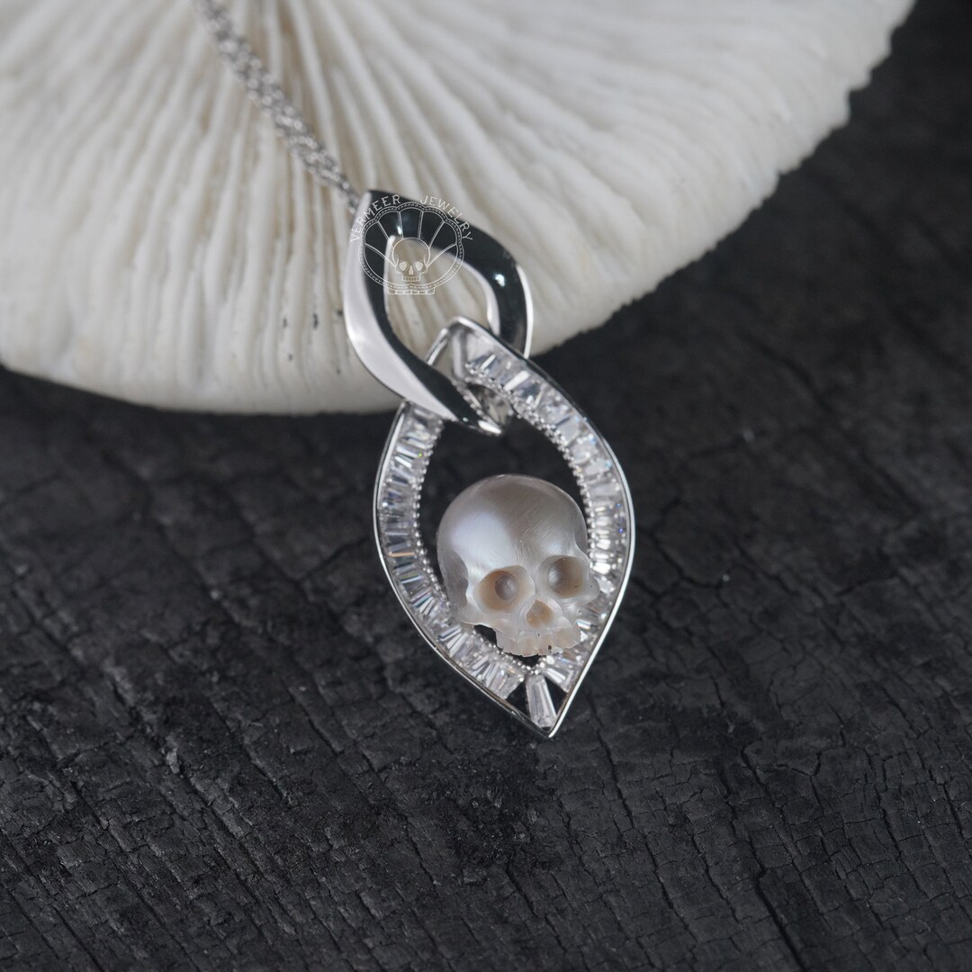 Skull Pearl Handcarved Necklace Sterling Sliver Wedding Necklace Gift ...