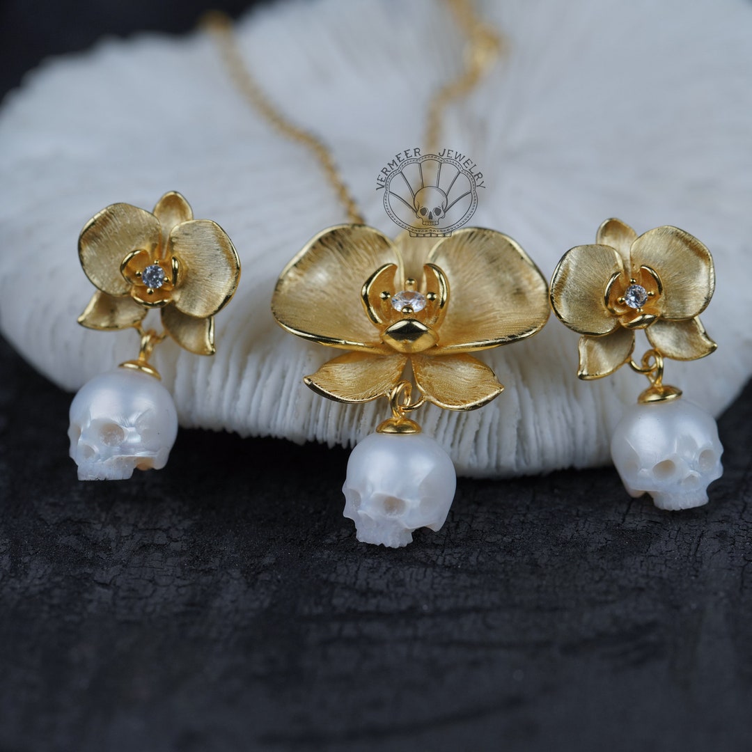Butterfly Orchid Skull Pearl Jewelry Set Gift for Her Hand Carved ...
