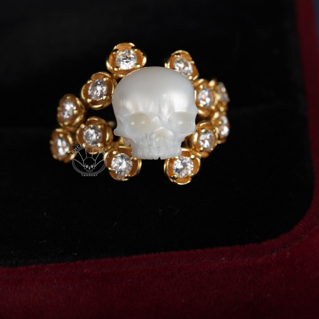 Pearl Skull Ring With Shining Gem Flower Sterling Silver Rings Gothic ...