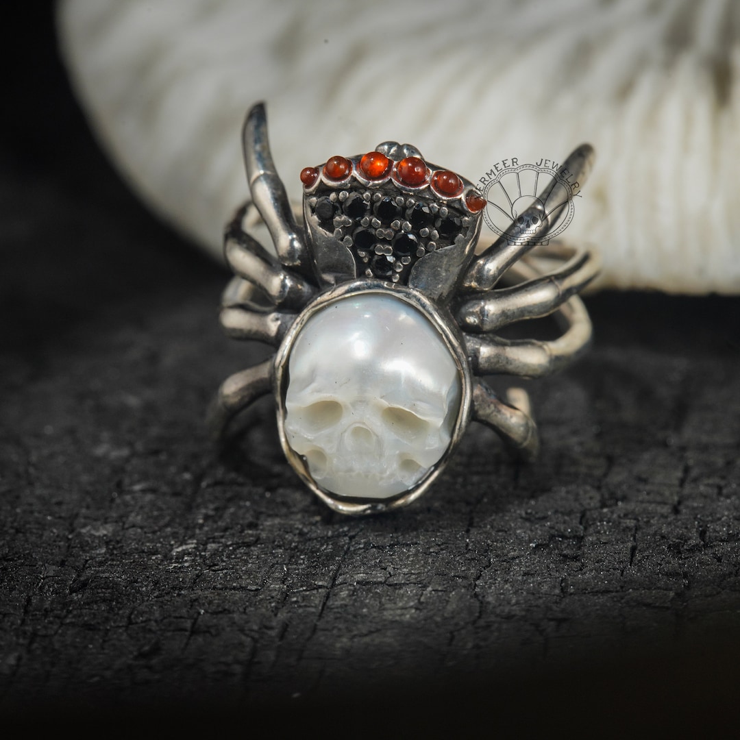 Skull Spider Ring: Sterling Silver, Pearl Skull, Gothic Jewelry - Etsy