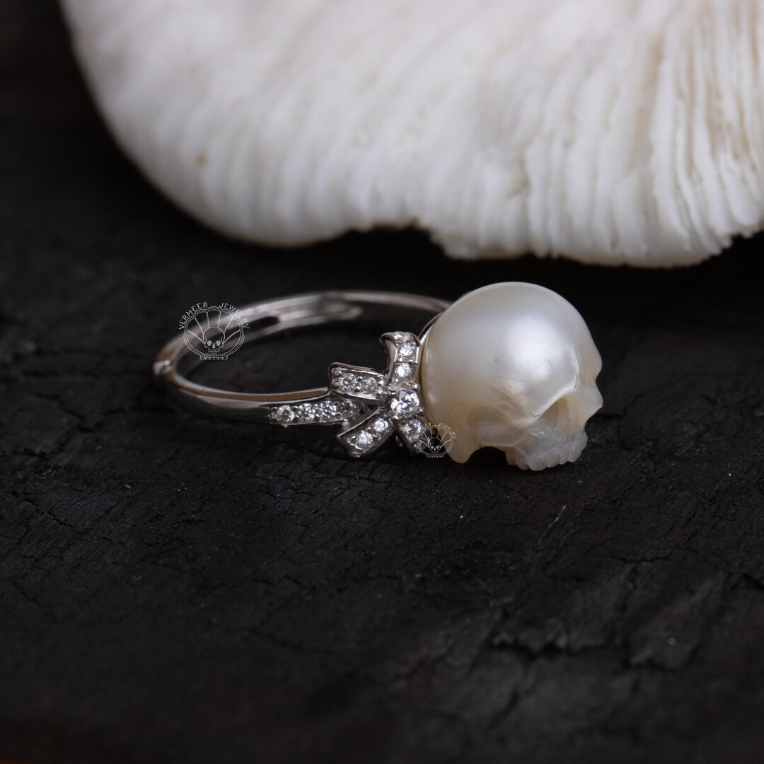 Handmade Skull Ring With Zircon Carved Freshwater Pearl 925silver Ring ...