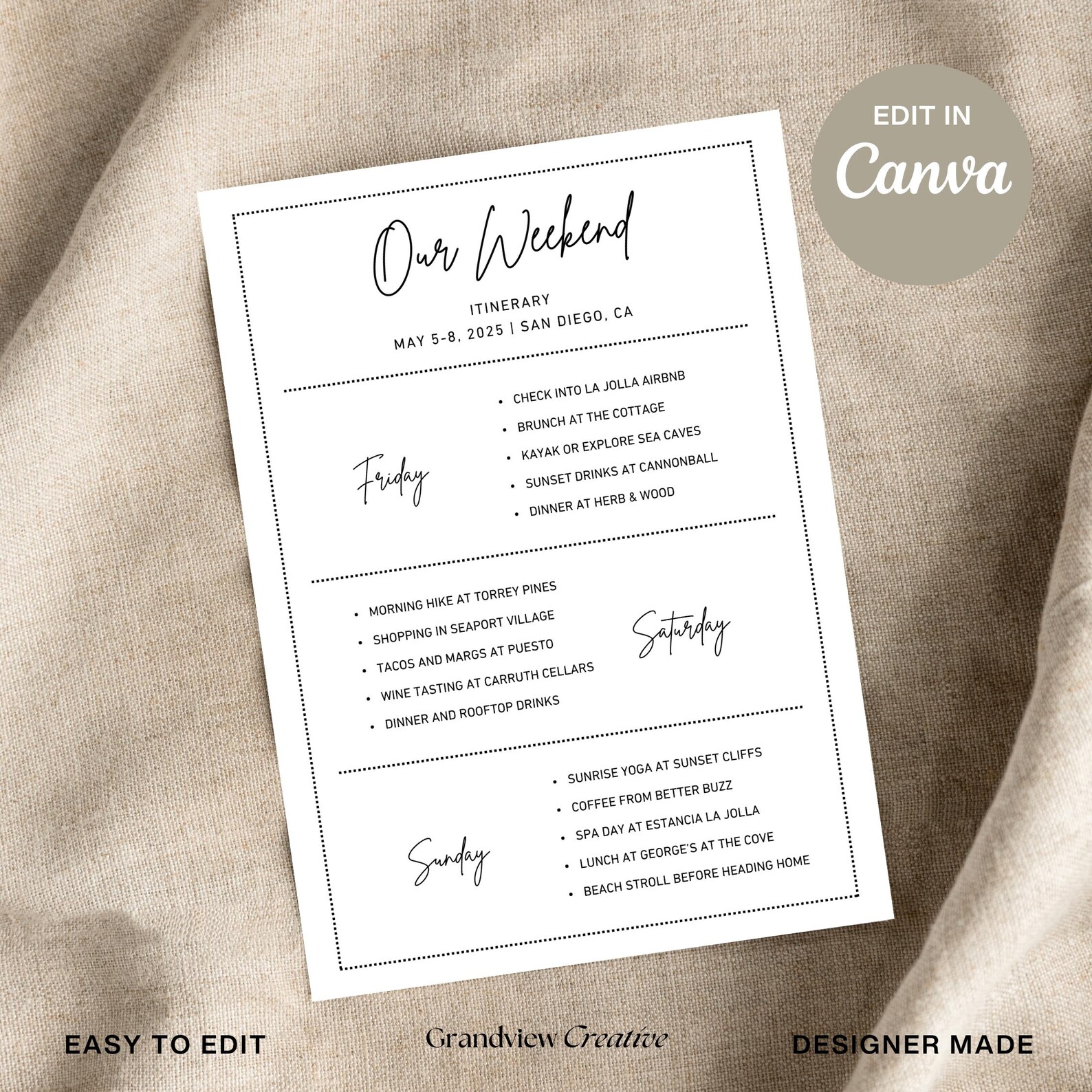 Printable Simple Weekend Itinerary Template, Editable Hens Party ...