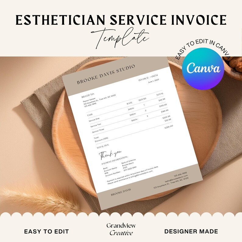 Minimalist Canva Editable Invoice Template, Small Business Esthetician ...