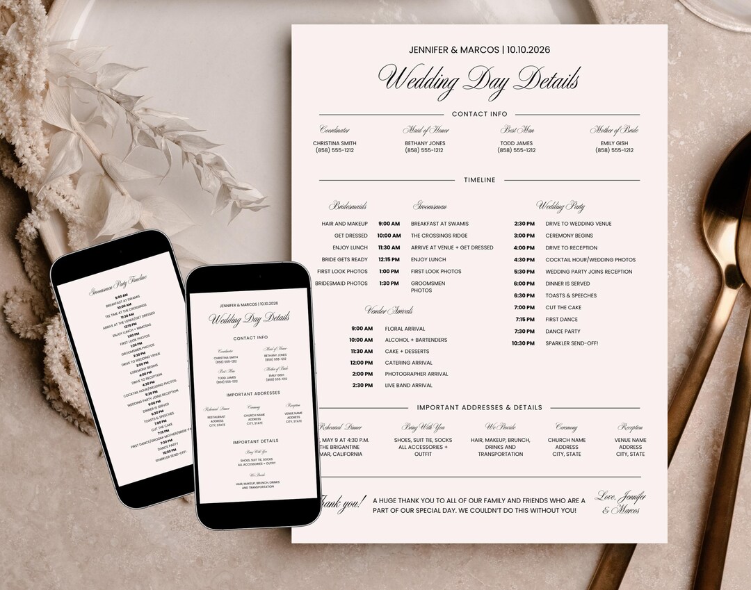 Editable Wedding Details Card, Mobile Wedding Day Template, Reception ...