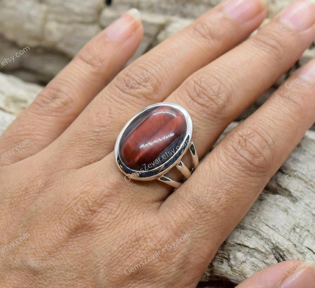 Red Tigers Eye Ring, Sterling Silver Oval Cabochon, Large Statement ...