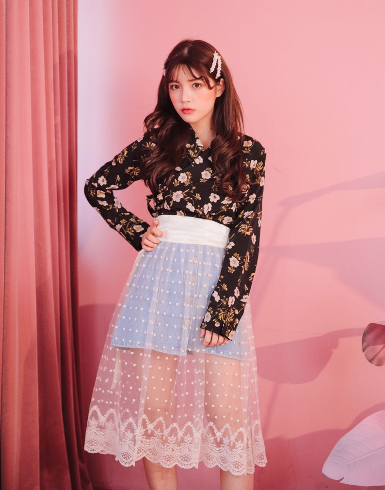 Womens Wrap Skirt Hanbok Korean Sheer See Through Midi Etsy