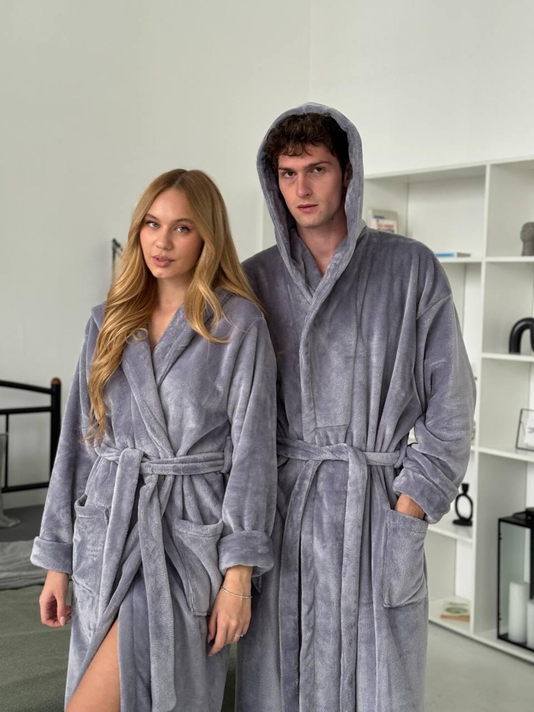 Couples Dressing Gown Set, Cream Long Velvet Robes for Men and Women ...