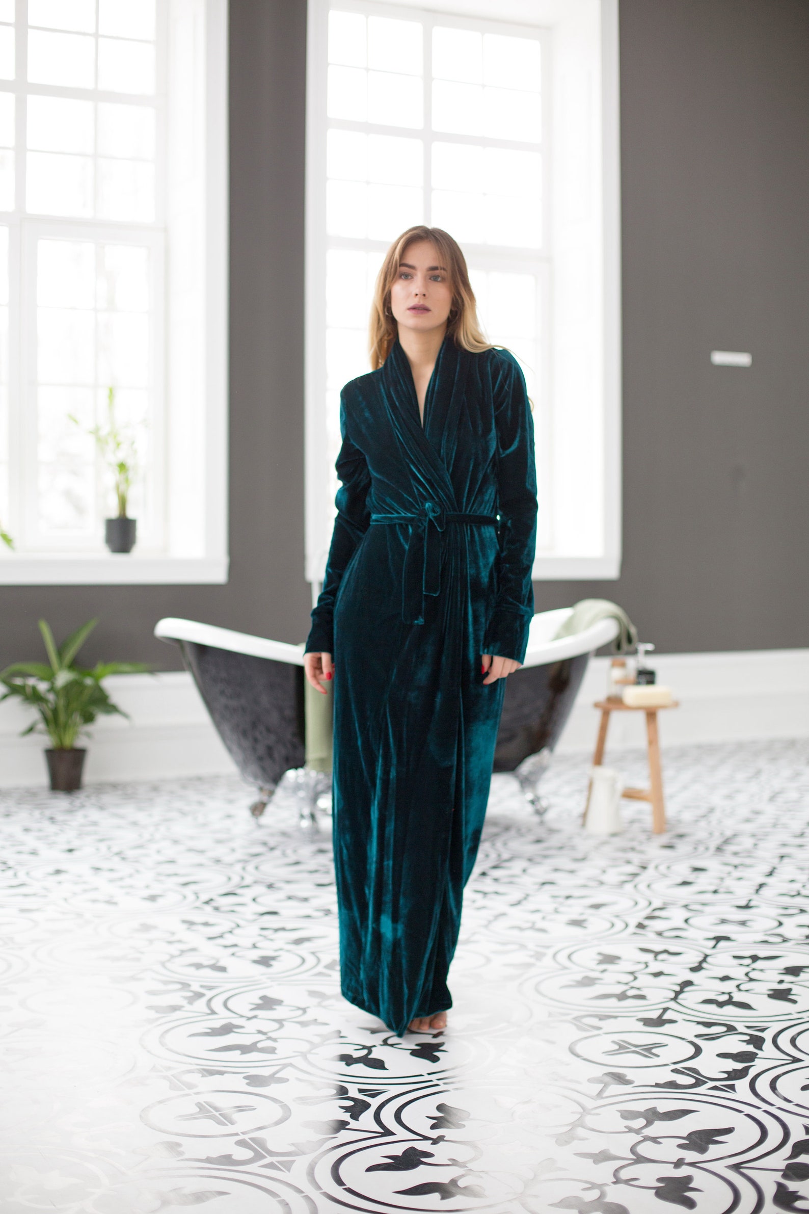 Bridesmaid Robe Green Velvet Robe Velvet Kimono Robe Floral - Etsy