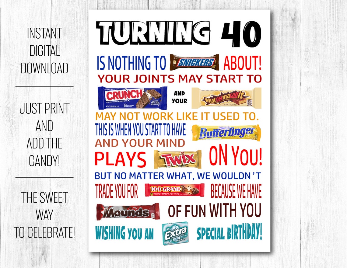 40th Birthday Funny Candy Poster Printable PDF Sarcastic - Etsy