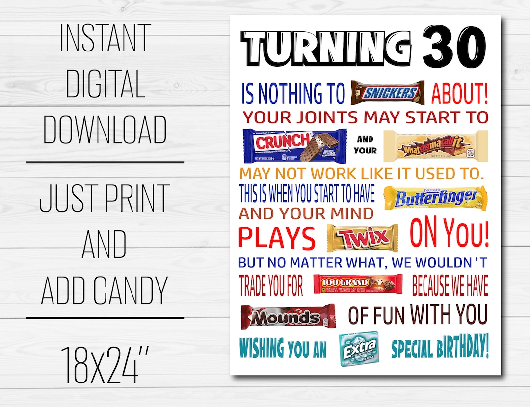 Funny 30th Birthday Candy Poster – Printable Gift (PDF) - Etsy
