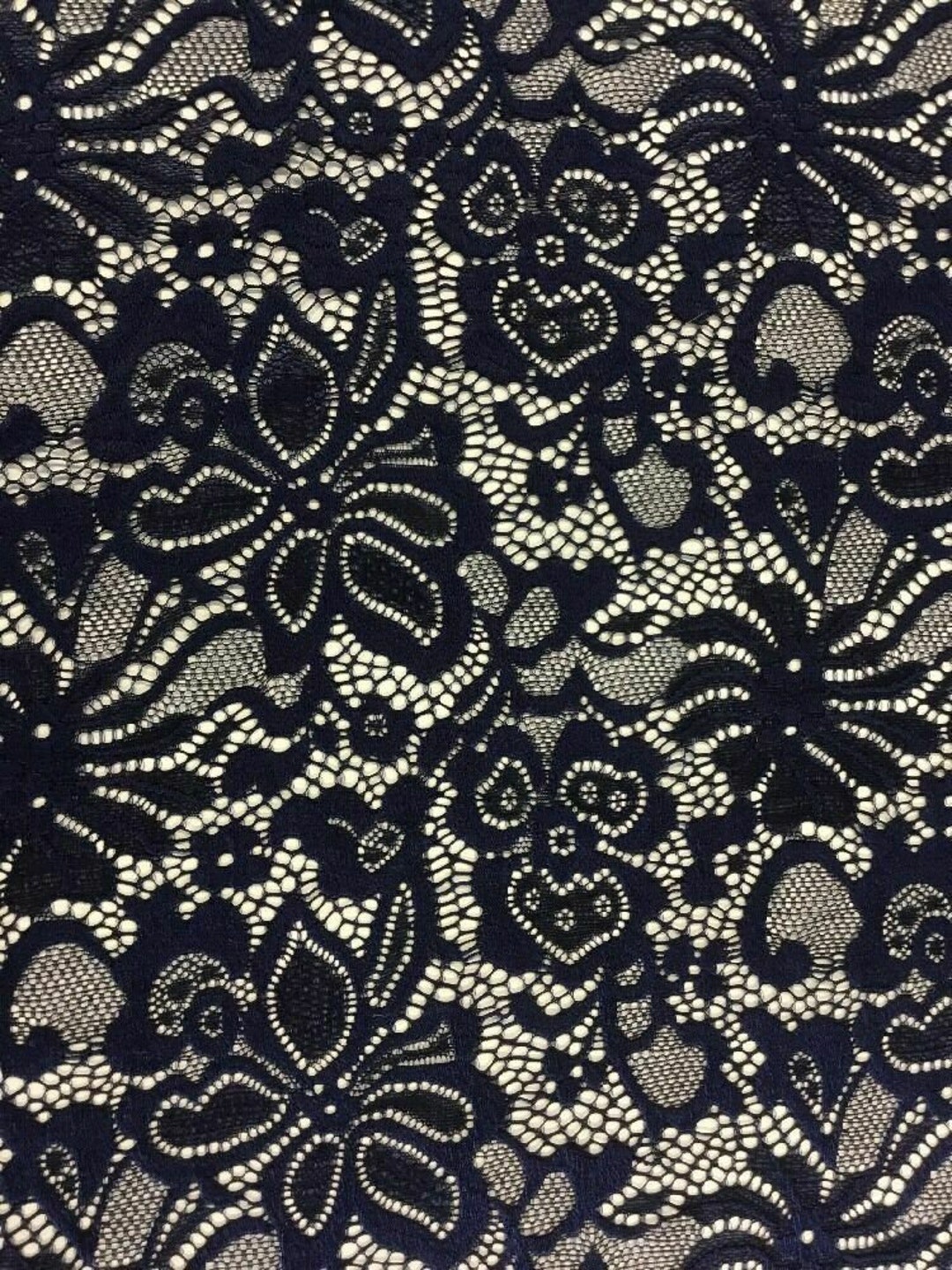 NEW High Class Designer Navy Stretch Net Floral Lace Scalloped Fabric ...