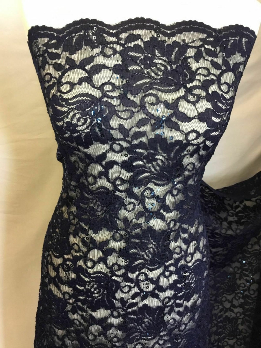 NEW Navy Corded Lace Fabric With Navy Sequins All Over 54" 136cm Lace ...