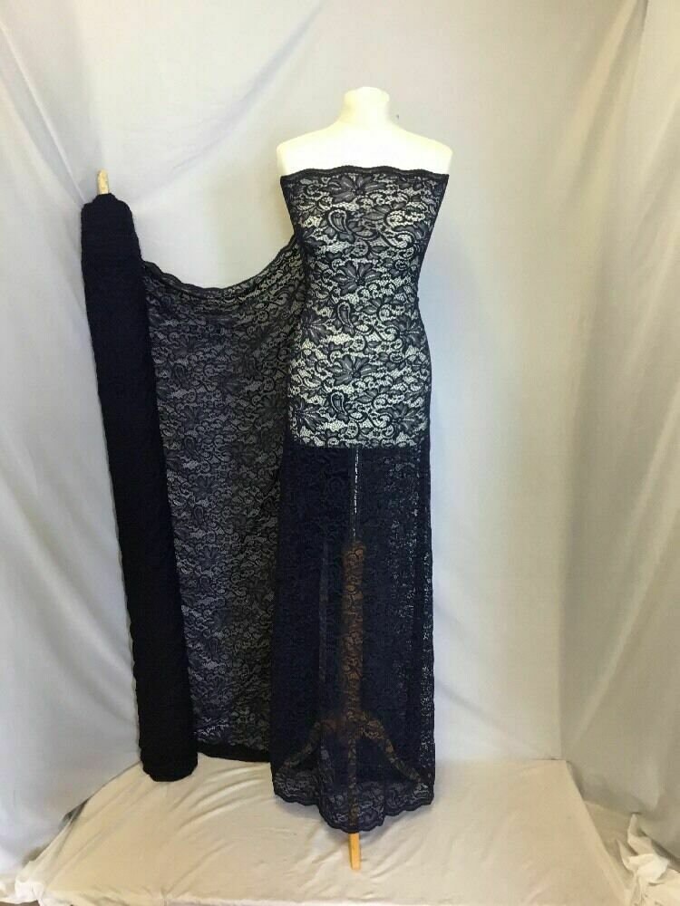 NEW Designer Navy Stretch Net Floral Paisley Lace Double Scalloped ...