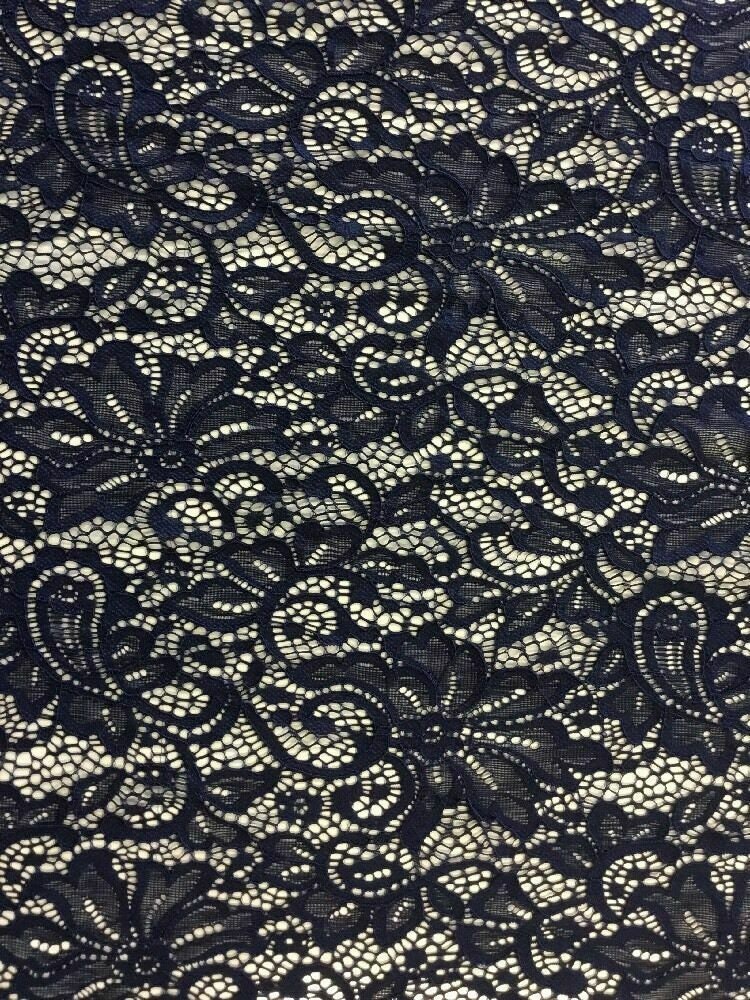 NEW Designer Navy Stretch Net Floral Paisley Lace Double Scalloped ...