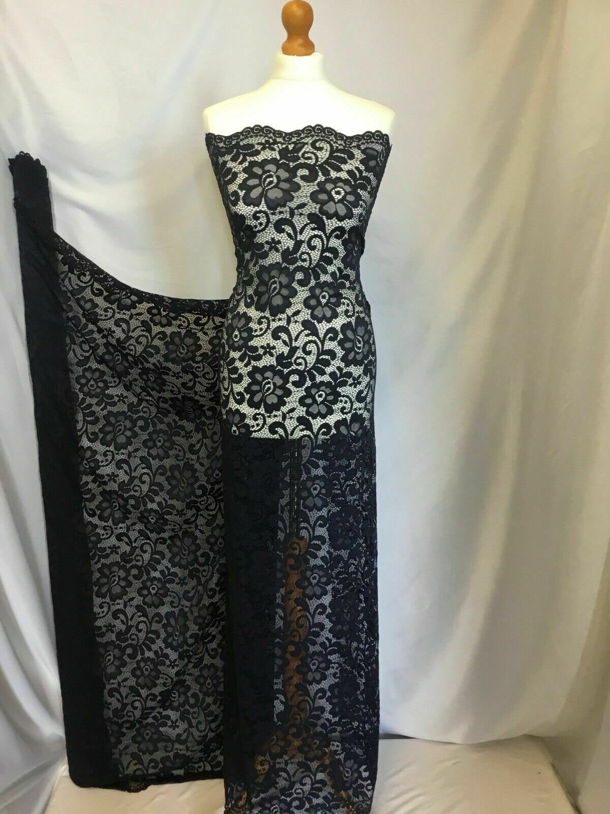 NEW Designer Navy Stretch Net Floral Lace Double Scalloped Border ...