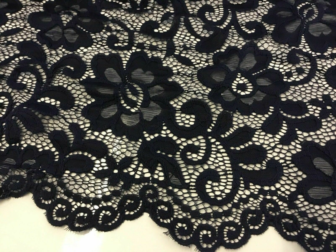 NEW Designer Navy Stretch Net Floral Lace Double Scalloped - Etsy UK