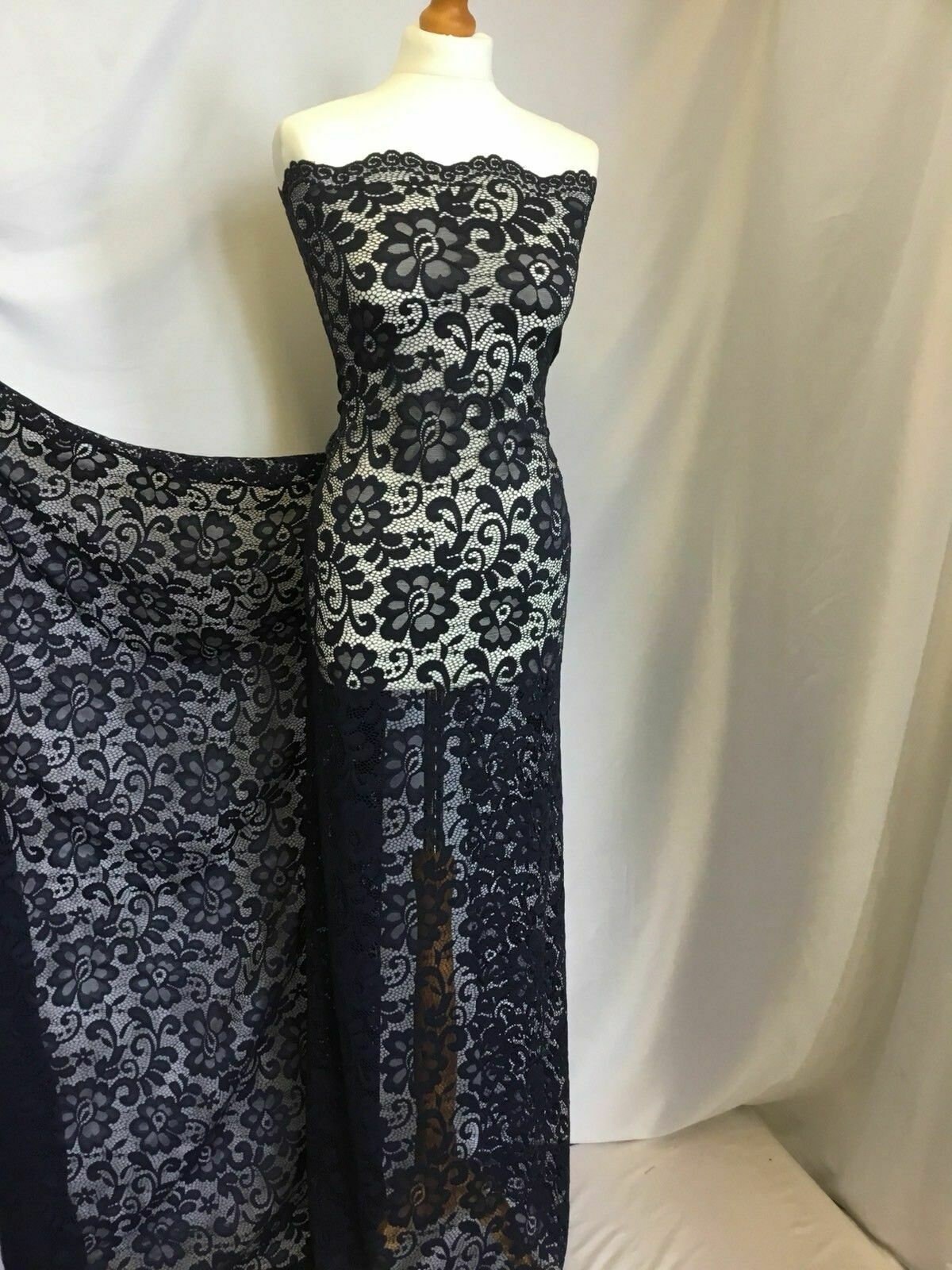 NEW Designer Navy Stretch Net Floral Lace Double Scalloped Border ...