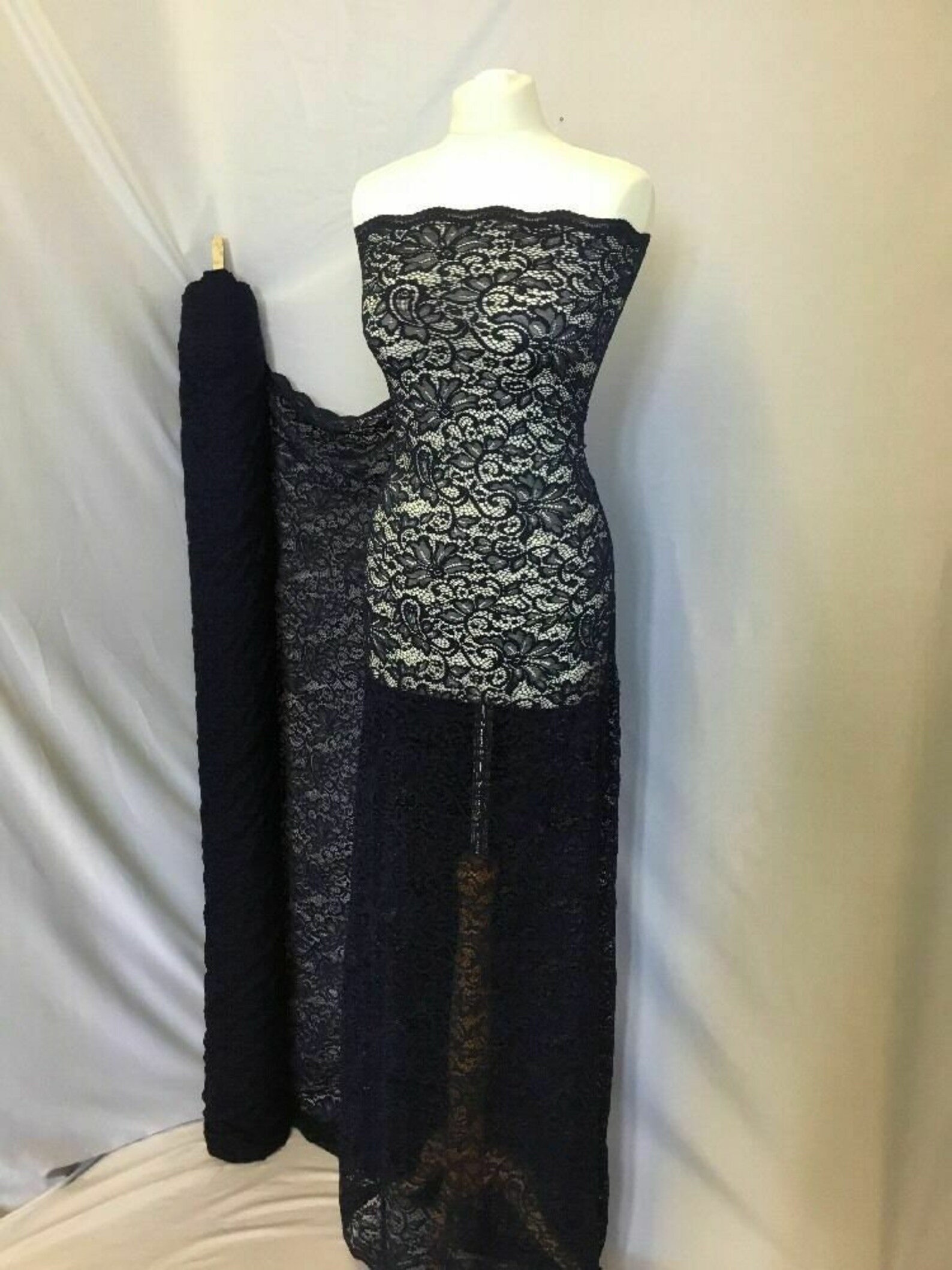 NEW Designer Navy Stretch Net Floral Paisley Lace Double Scalloped ...