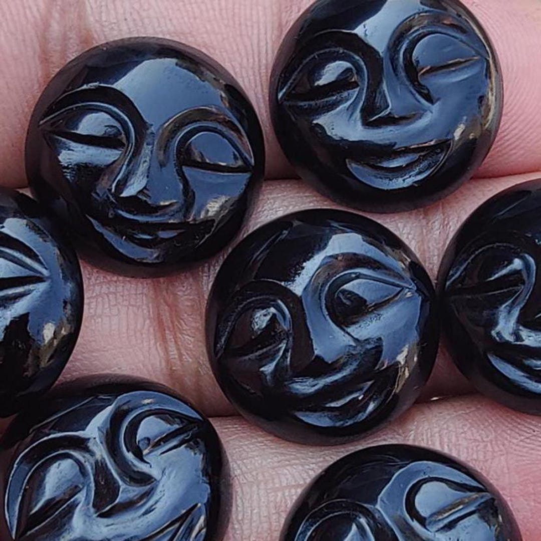 Natural Black Moon Face Hand Working Carving Moonface Black Onyx ...