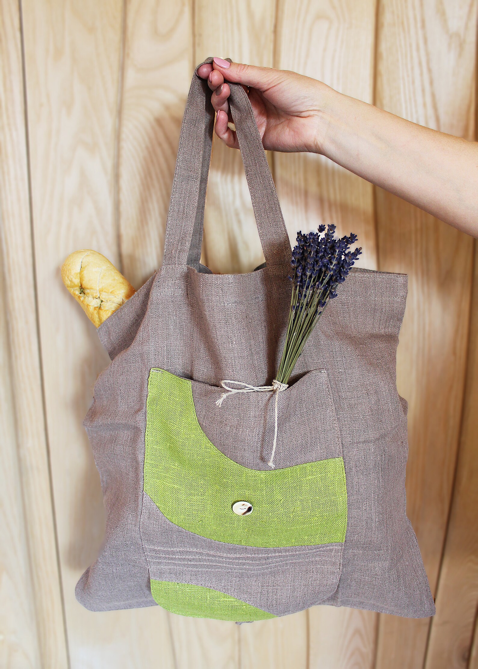 Linen Shopping Bag, Natural Linen Tote Bag in Gray/green, Foldaway Bag ...