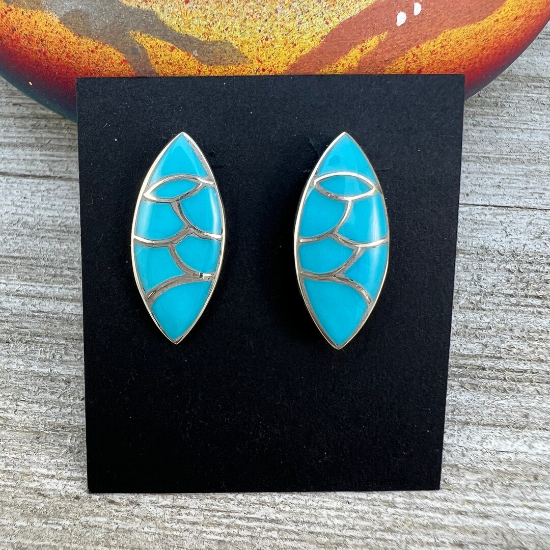 Zuni Inlay Turquoise Fish Scale Design, Marquis Stud Earrings, Sterling ...