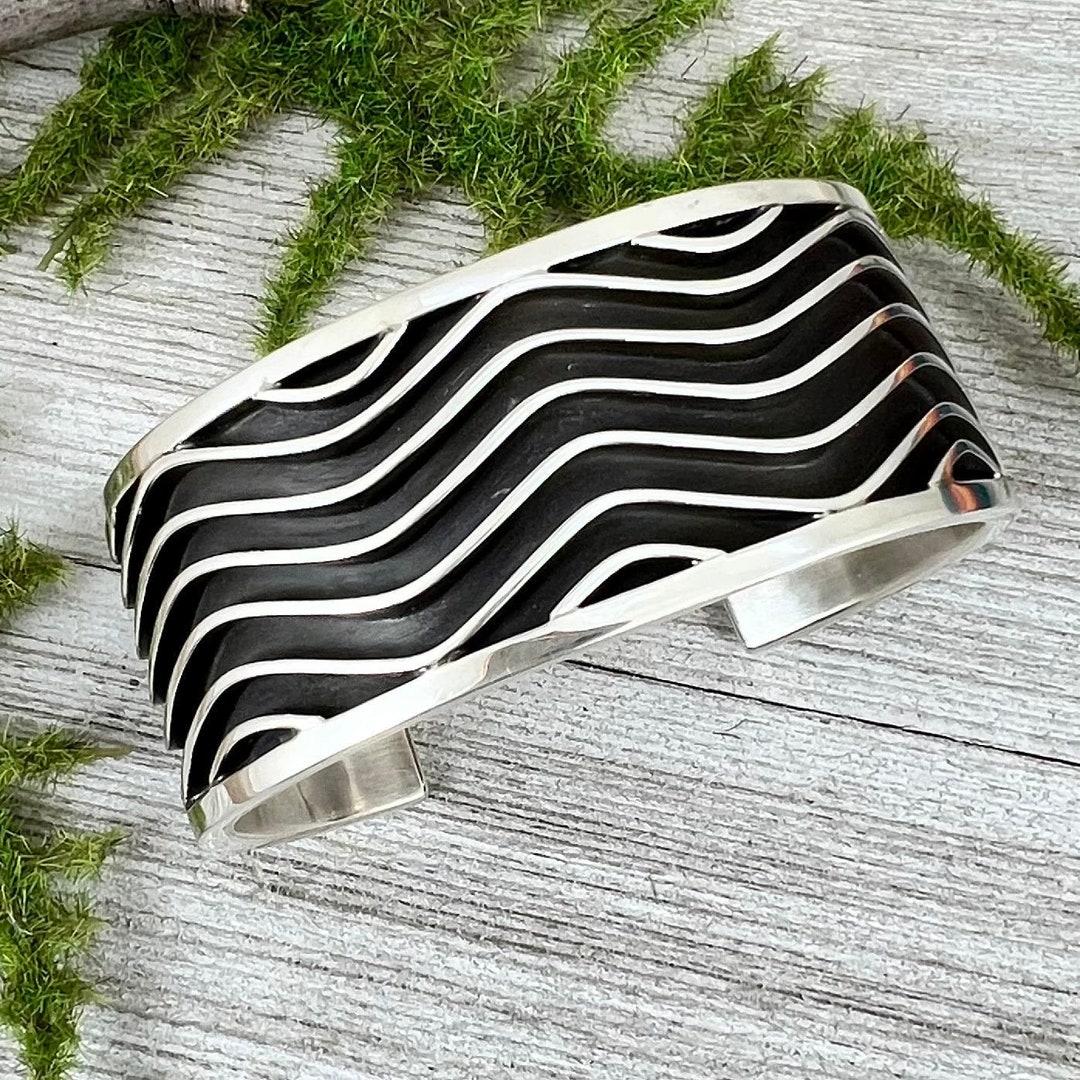 7" Modern Sterling Silver Rail, Channel Wave Cuff Bracelet, 1" Wide ...