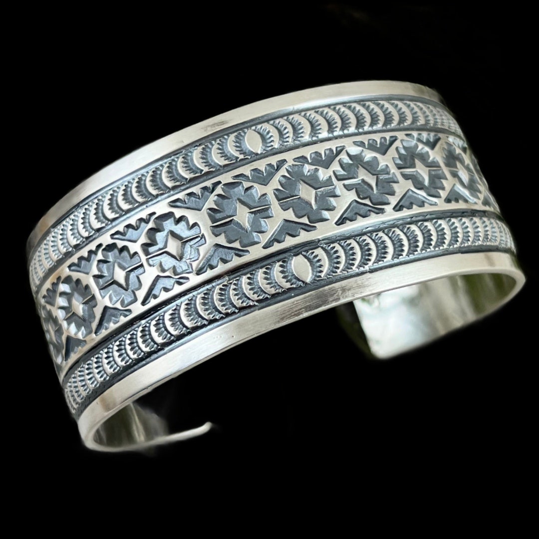 7 1/8" Hand Stamped Sterling Silver Wide Cuff Bracelet 5, Leonard ...