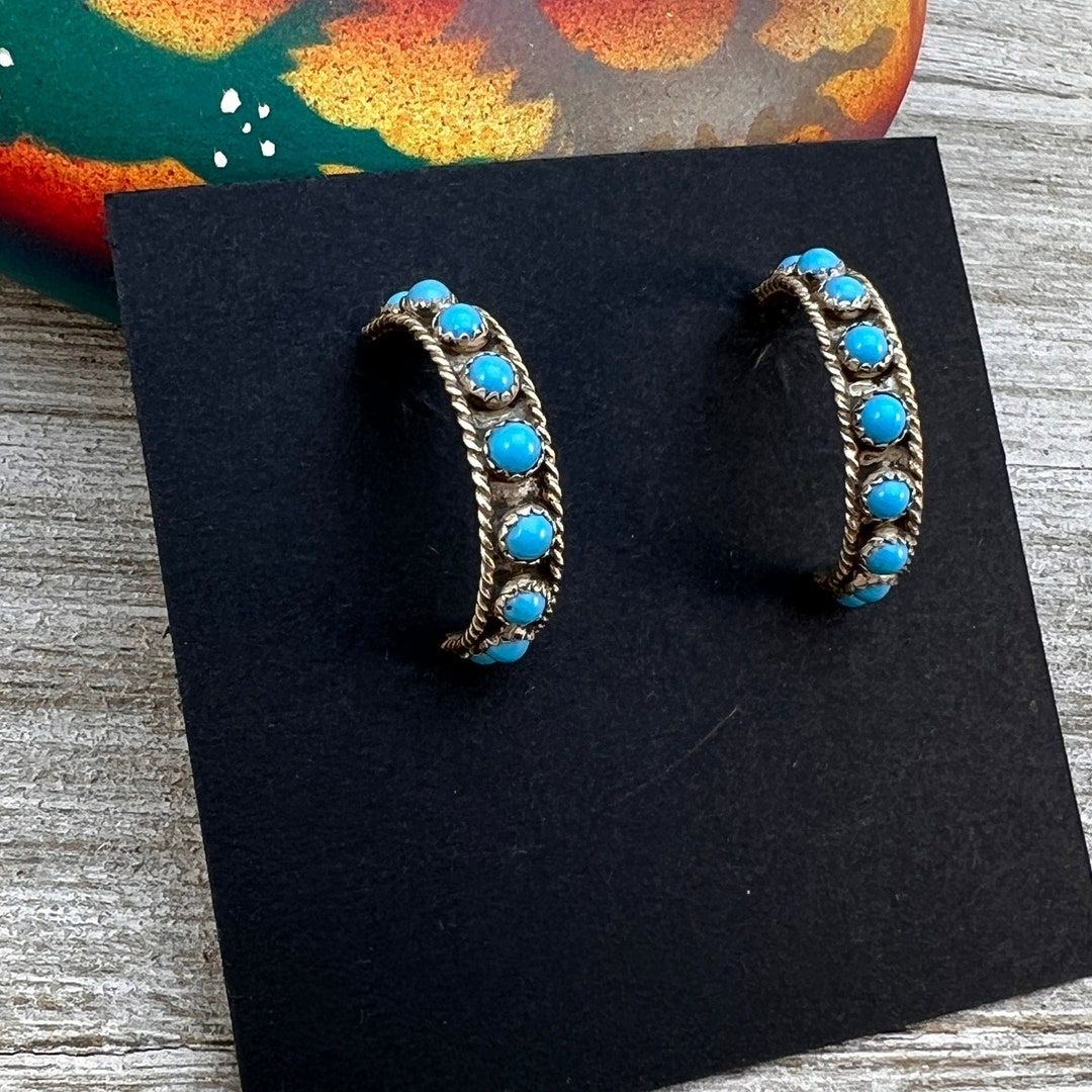 Zuni Snake Eye, Turquoise Dot 7/8 Hoop Earrings, Chester Charley - Etsy