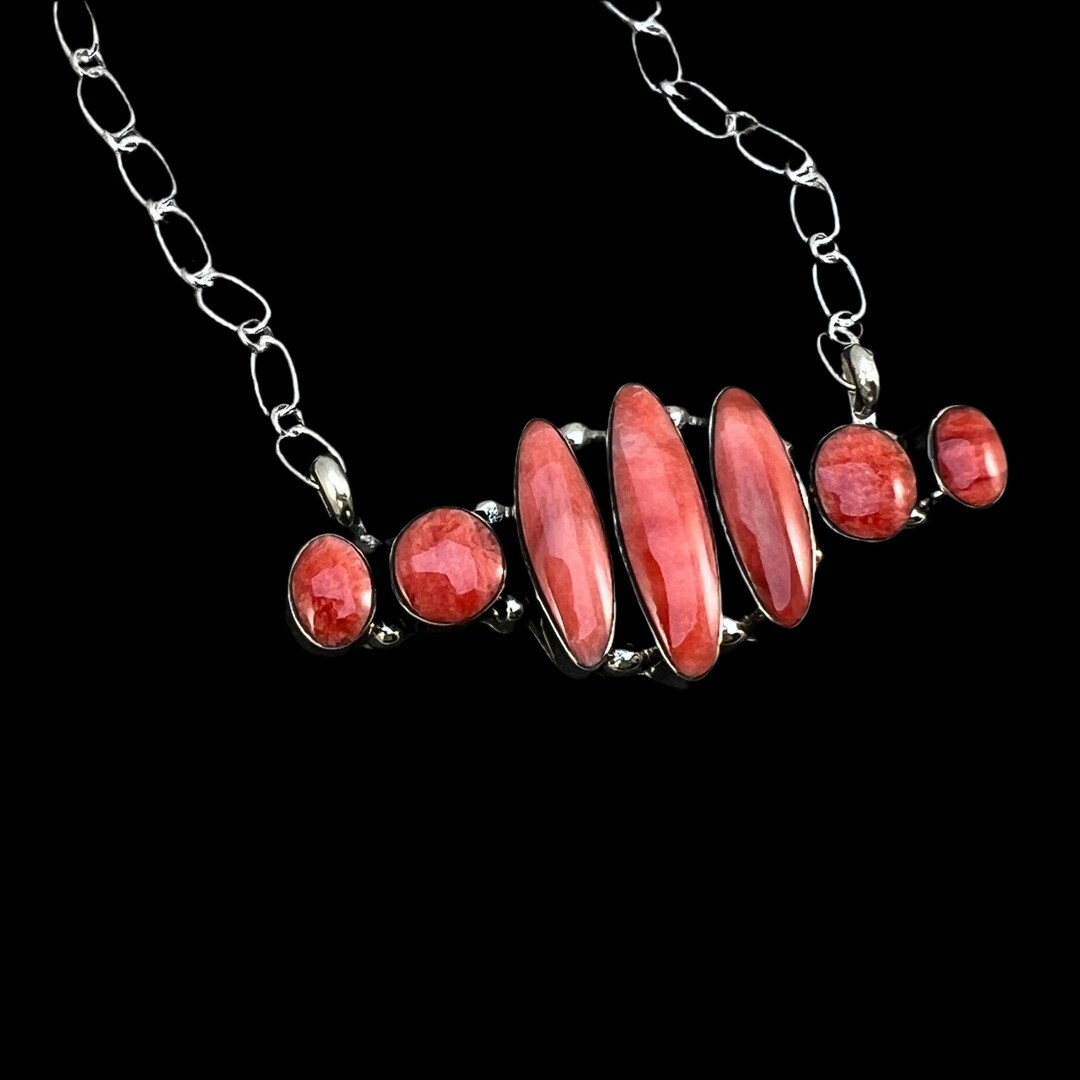 18" Spiny Oyster 7 Stone Necklace Sterling Silver Navajo Handmade ...