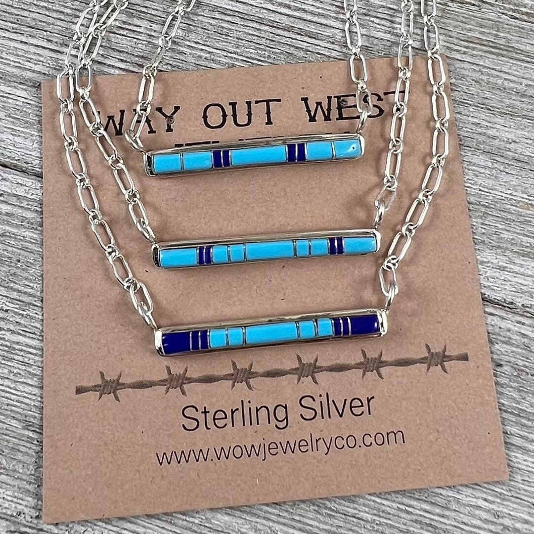 Skinny Turquoise Inlay Bar Necklace Zuni Handmade Inlayed - Etsy