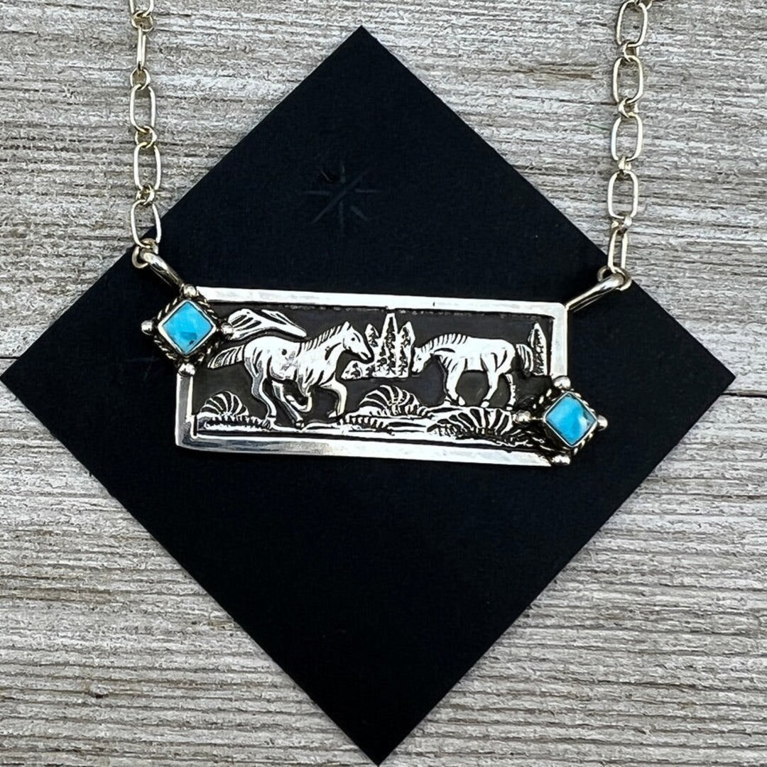 Sterling Silver Horse Design Bar Necklace, Sleeping Beauty Turquoise ...